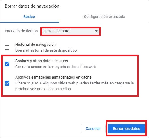 ¿Cómo puedo borrar los datos de Navegación y Caché en Google Chrome?